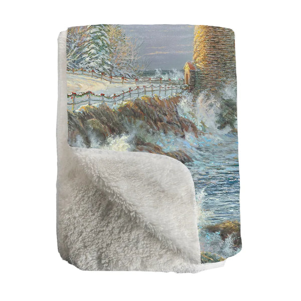 Thomas Kinkade Christmas Lighthouse Sherpa Throw Blanket - Laural Home