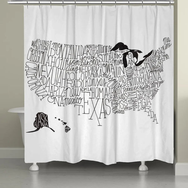 Hand Lettered US Map Black and White Shower Curtain - Laural Home